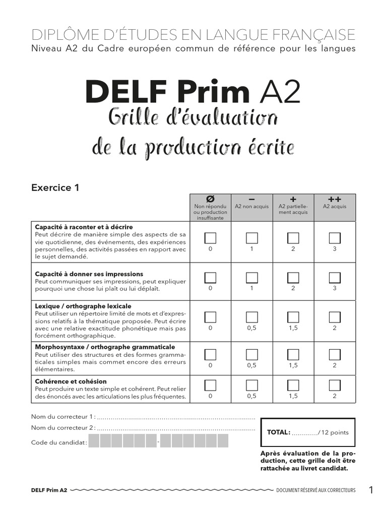 Grille Evaluation Production Ecrite Delf Prim A2 | PDF | Communication humaine | Cognition