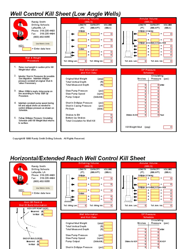 Well Control Kill Sheet (Low Angle Wells) : Drillstring Volume Annular ...