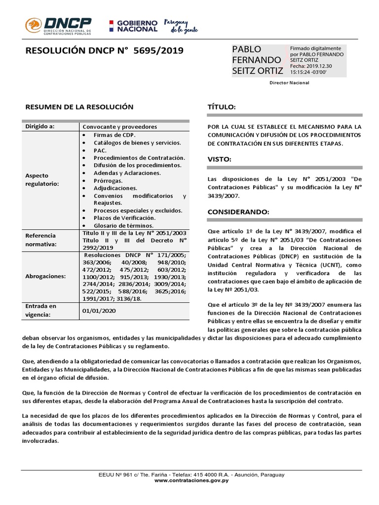 Res DNCP 5695 19 | PDF | Paraguay | Presupuesto