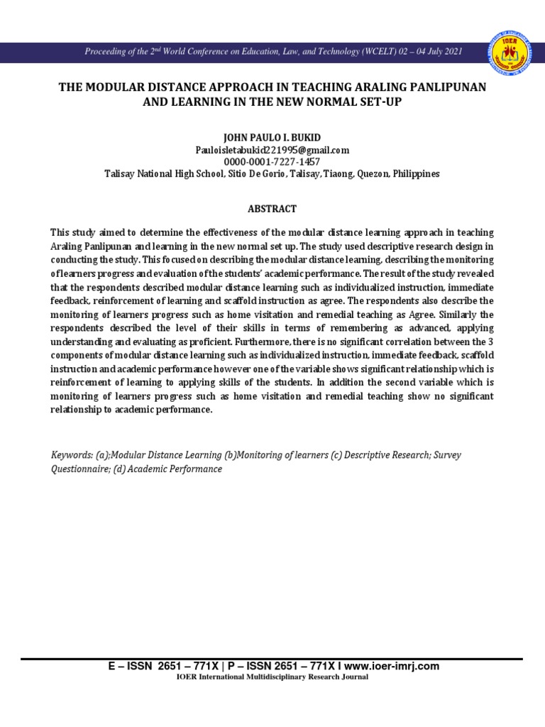 The Modular Distance Approach in Teaching Araling Panlipunan and ...