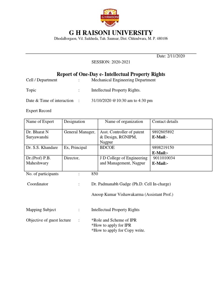 G H Raisoni University: Report of One-Day E-Intellectual Property ...
