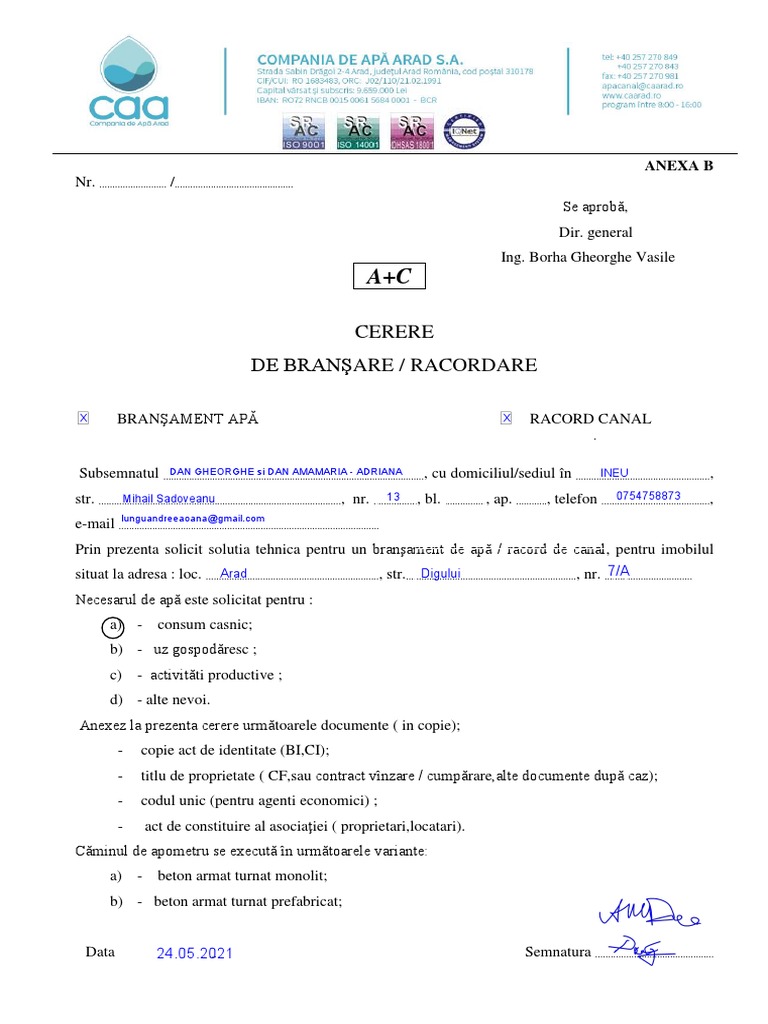 1 Cerere Bransament Apa +racord Canal | PDF