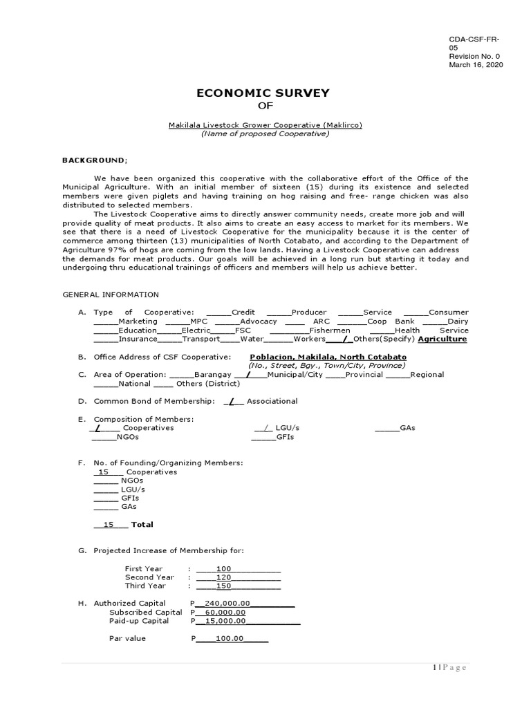 Economic Survey: (Name of Proposed Cooperative) | PDF | Loans | Cooperative