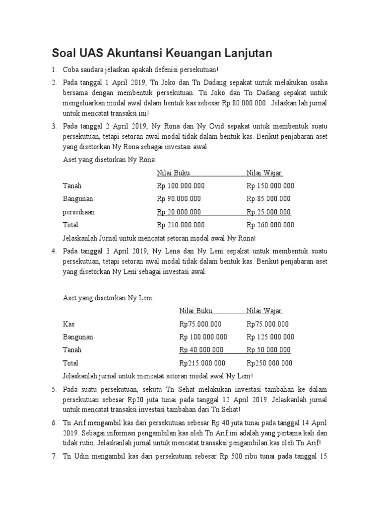 Soal Uas Akuntansi Keuangan Lanjutan | PDF | Bisnis | Pengelolaan Keuangan & Uang