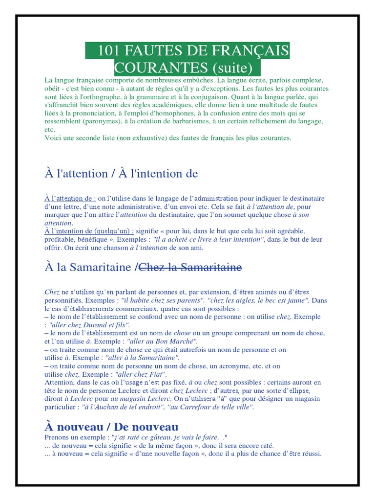 101 Fautes de Français Courantes | PDF | Nombre grammatical | Verbe