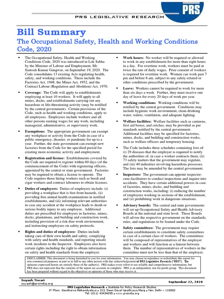 Bill Summary - OSHWC Code, 2020 | PDF | Occupational Safety And Health ...