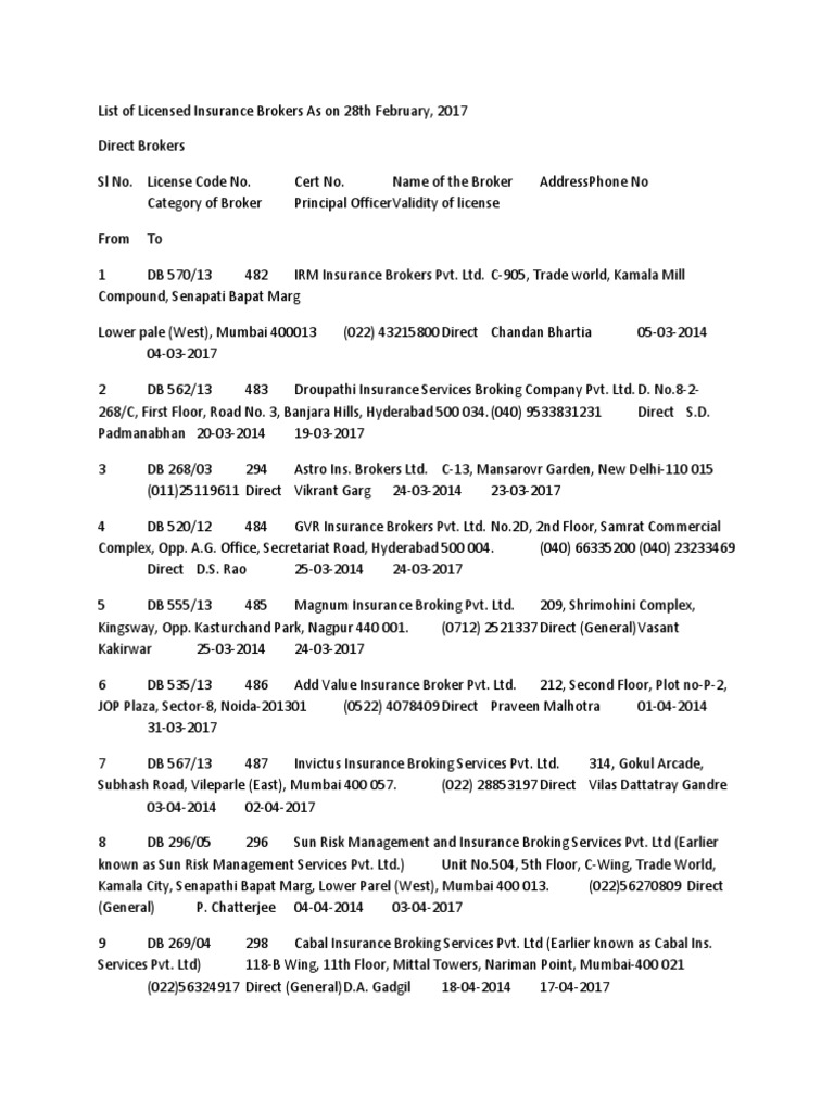 IRDA Licensed Insurance Brokers List | PDF | Corporate Governance ...
