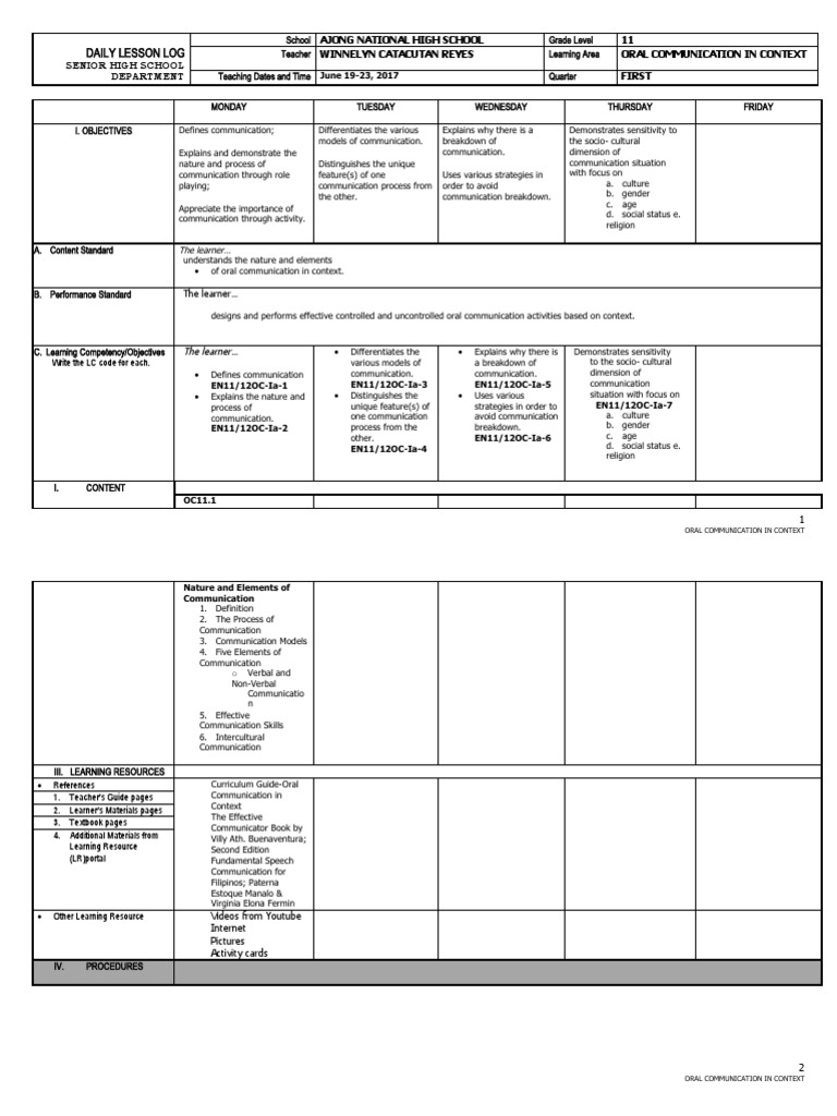 Daily Lesson Log: 11 Oral Communication in Context First | PDF ...