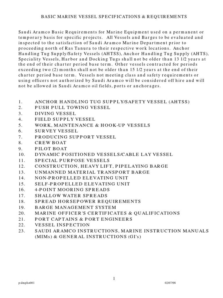 Basic Marine Vessels Specindication & Requirements | PDF | Shipping ...