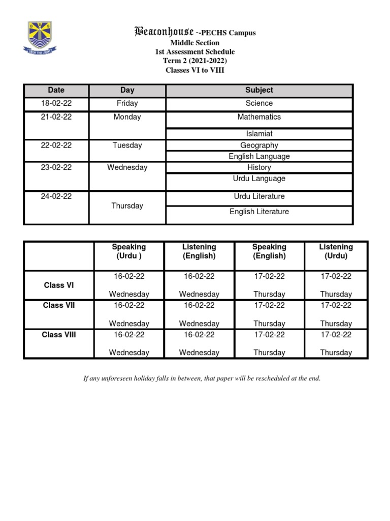 1st Assessment Term-2 Timetable | PDF