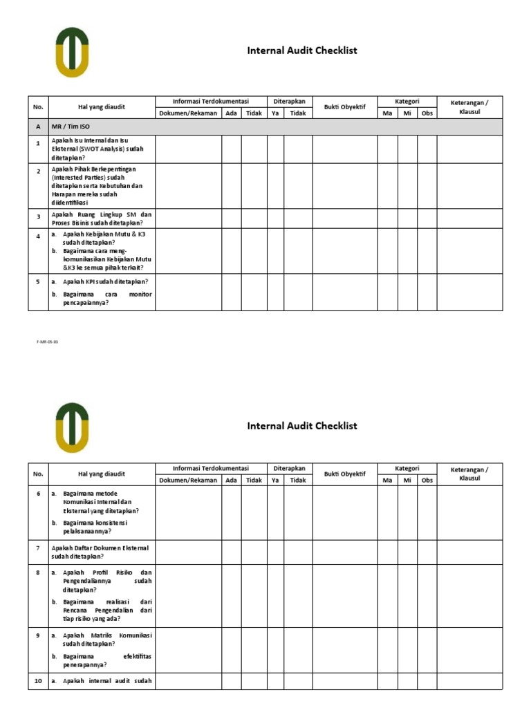 F-mr-05-03 Audit Checklist PT Taland | PDF