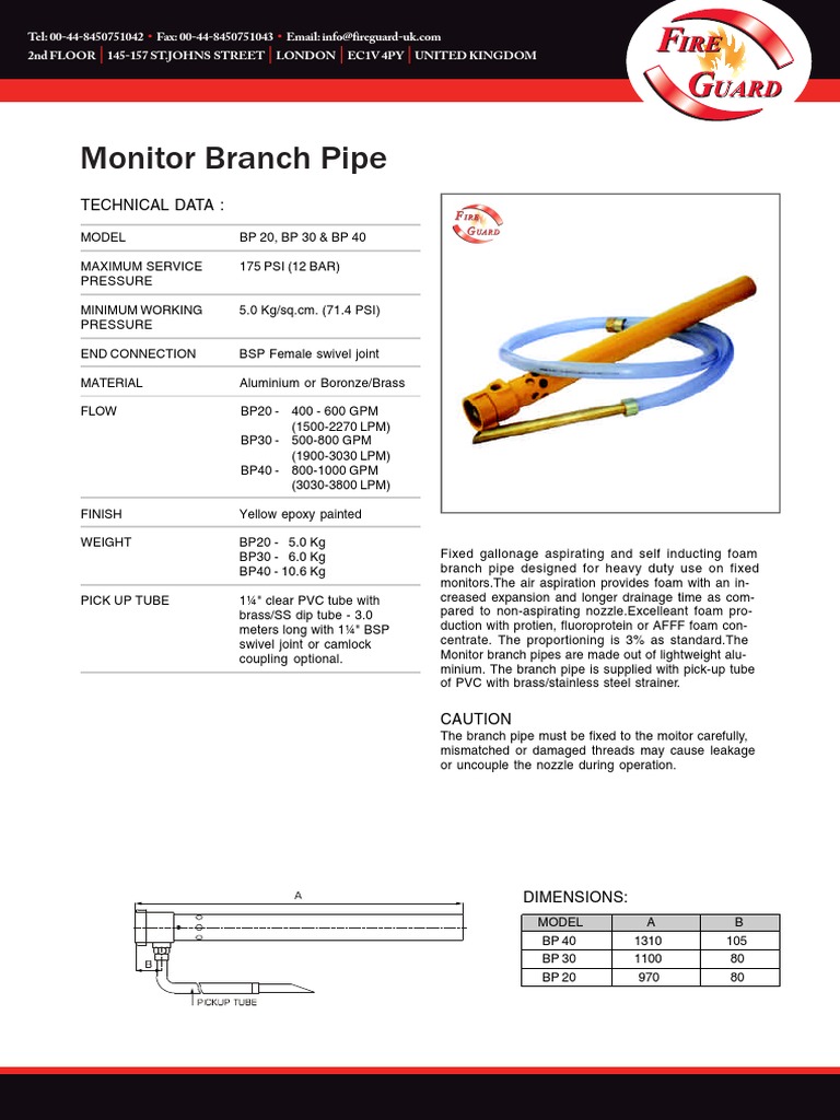 Foam Monitor Branch Pipe Specs | PDF | Pipe (Fluid Conveyance) | Flow ...