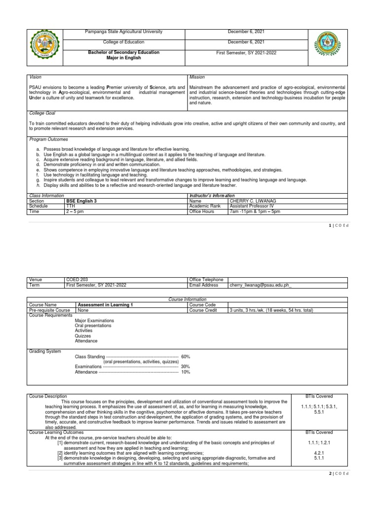 Syllabus in Educ 7 English 3 | PDF | Educational Assessment | Learning