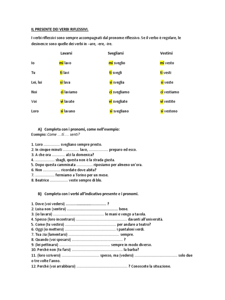Il Presente Dei Verbi Riflessivi | PDF