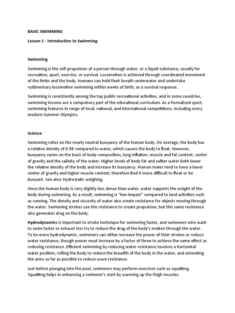 Basic Swimming Lesson 1 - Introduction To Swimming | PDF | Swimming ...