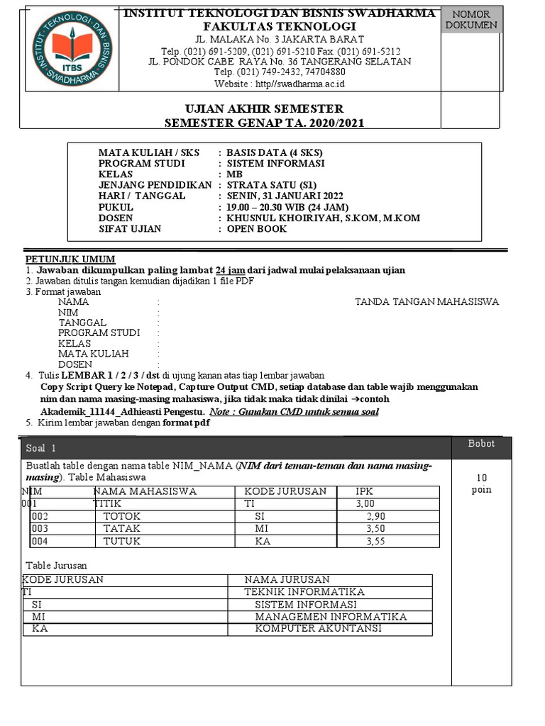 UAS Basis Data S1 Sistem Informasi | PDF