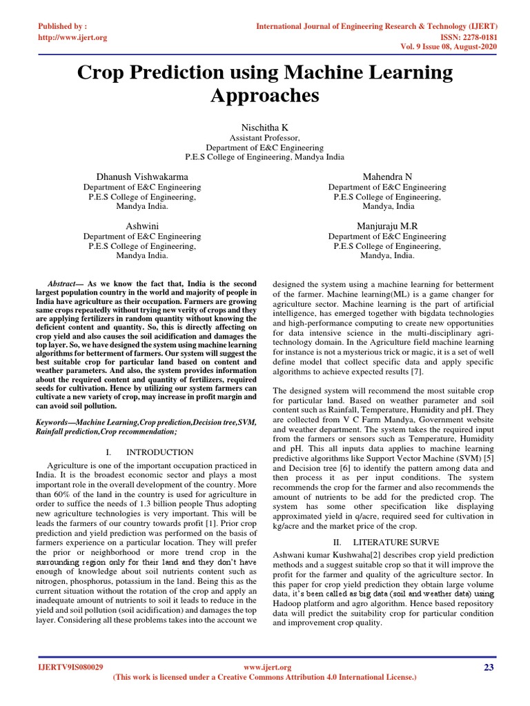 Crop Prediction Using Machine Learning Approaches IJERTV9IS080029 | PDF ...