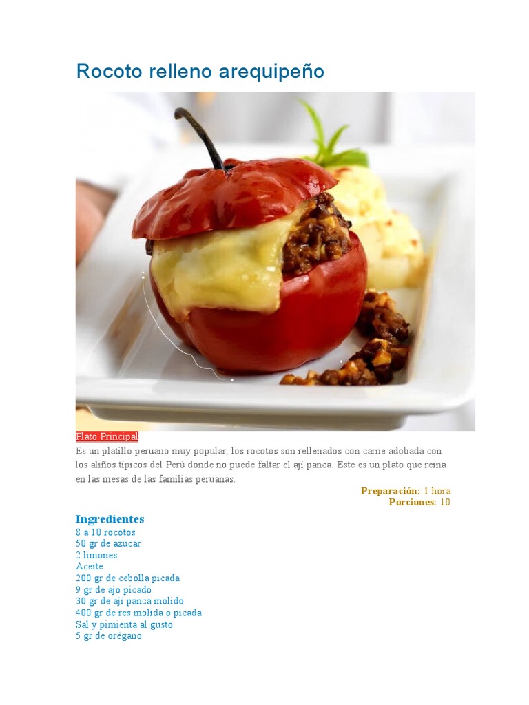 Rocoto relleno arequipeño: plato peruano con rocotos rellenos de carne y queso | PDF
