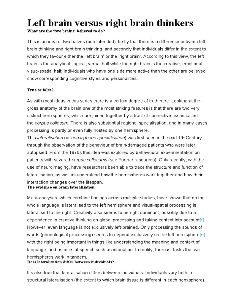 Left Brain Versus Right Brain Thinkers | PDF | Lateralization Of Brain ...