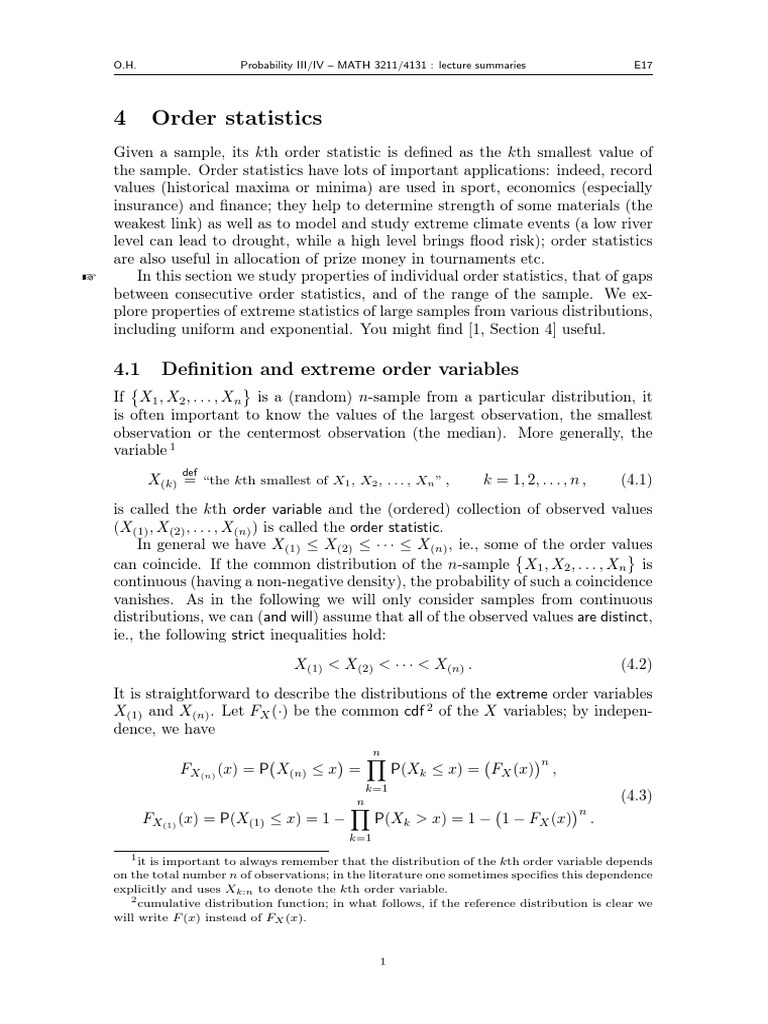 4 Order Statistics: 4.1 Definition and Extreme Order Variables | PDF ...