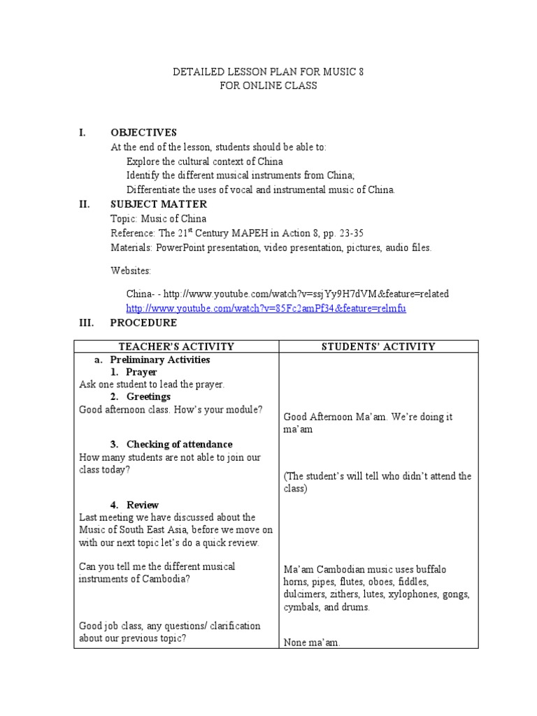 Detailed Lesson Plan For Music 8-No1 | PDF | Musical Instruments ...