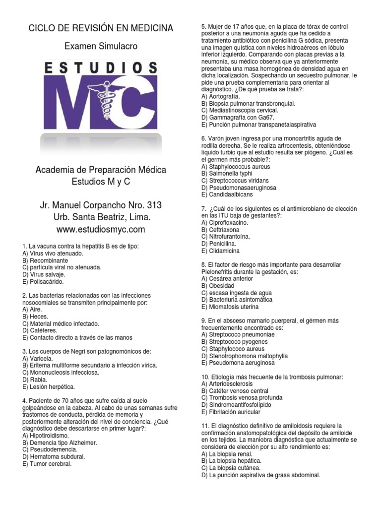 Simulacro de Examen Médico | PDF | Meningitis | Neumonía