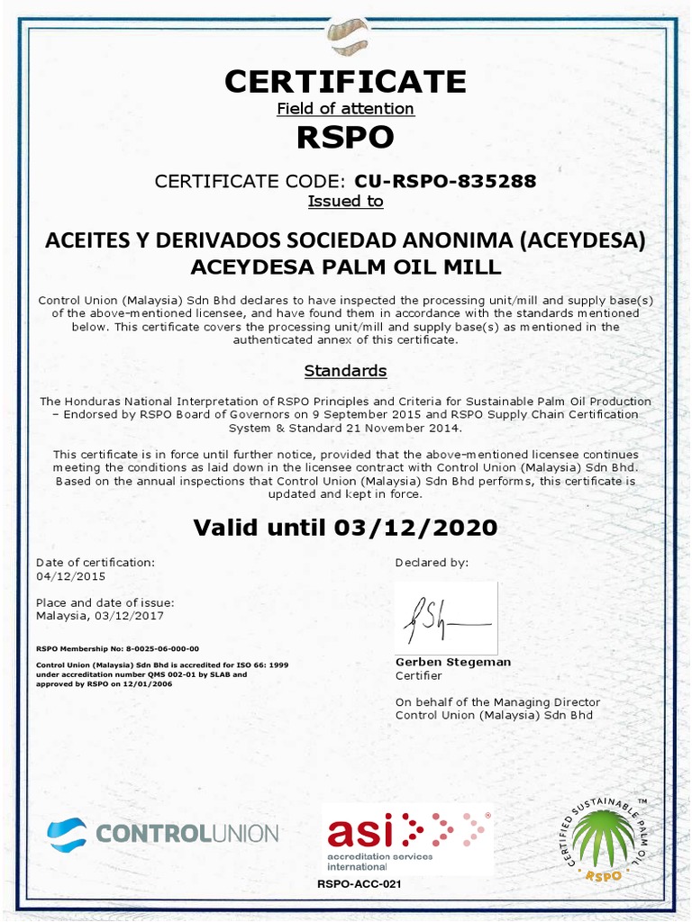 Aceydesa POM Certificate RSPOPC Honduras 2017 2 | PDF | Oils | Arecaceae