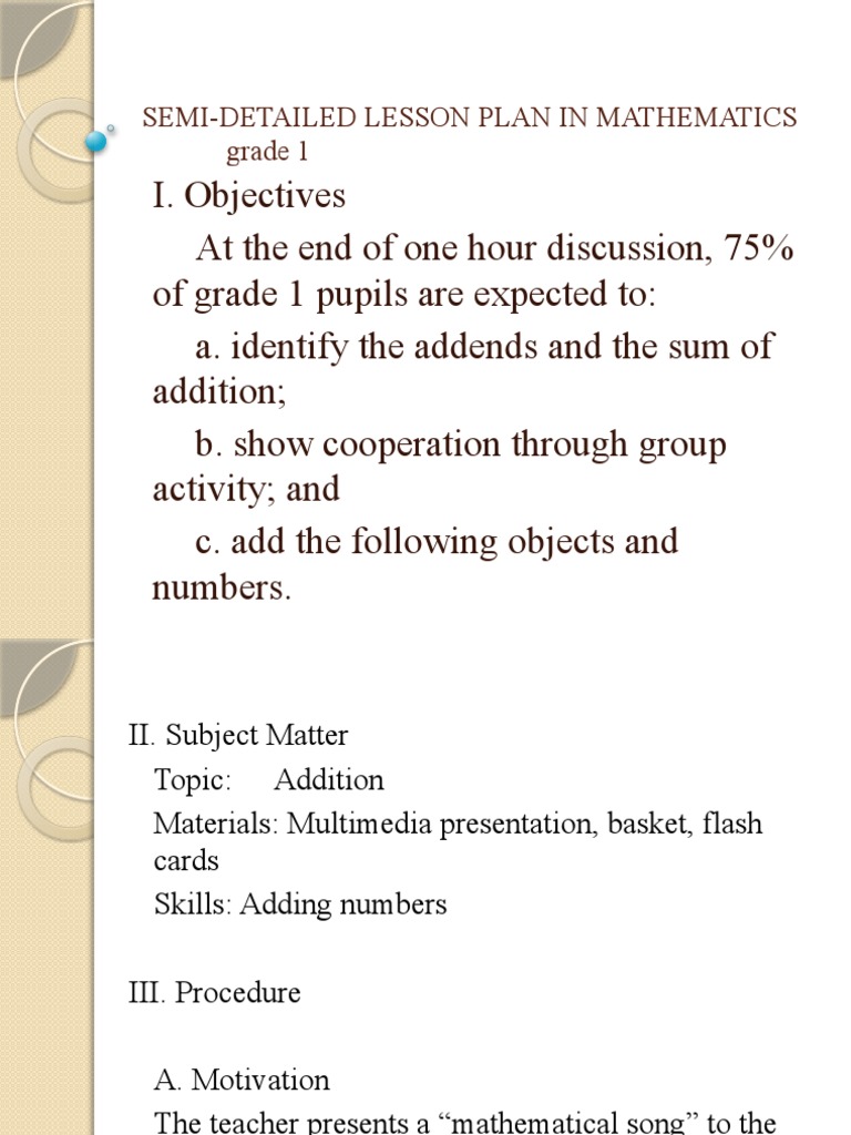 Semi-Detailed Lesson Plan in Mathematics Grade 1 | PDF