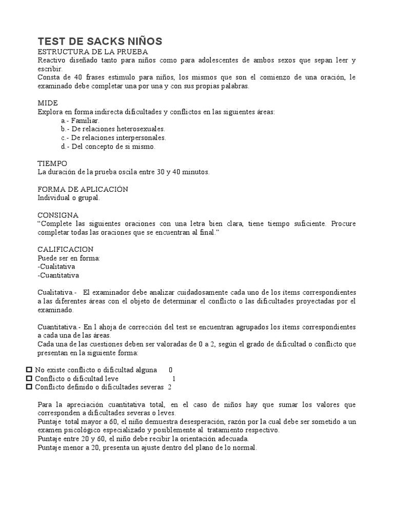 Test de Sacks Niños | PDF