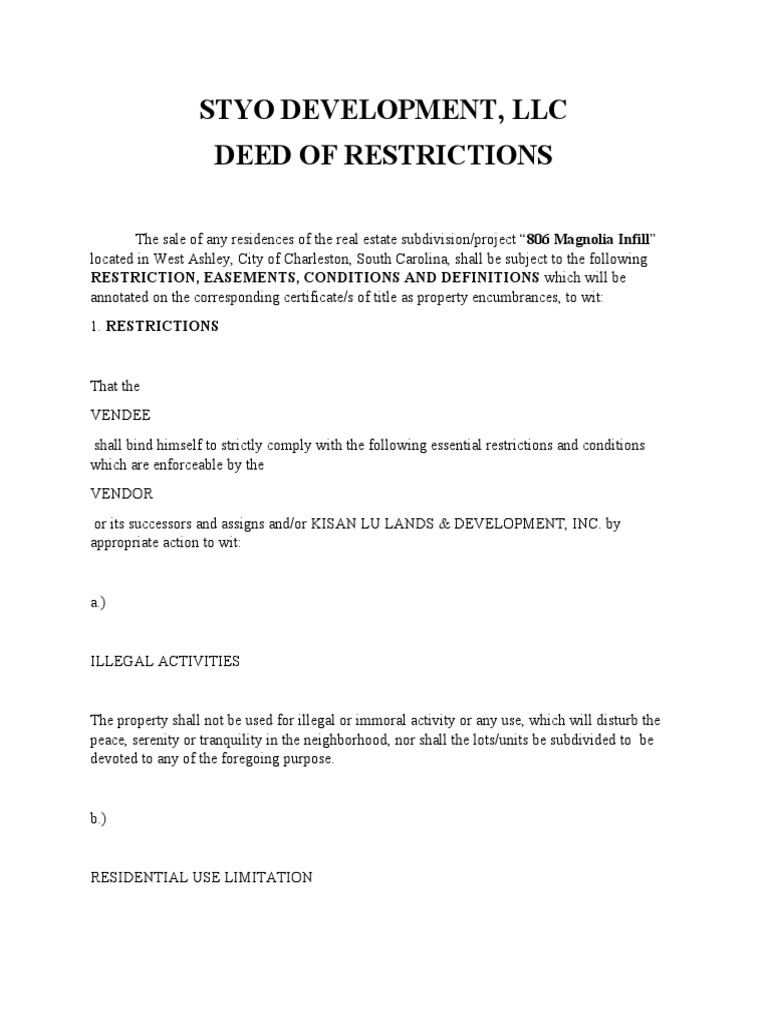 Styo Development, LLC Deed of Restrictions: Restriction, Easements ...