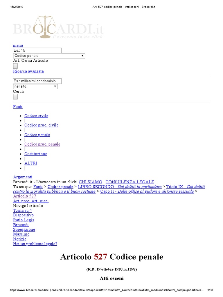 Art. 527 Codice Penale - Atti Osceni - Brocardi - It | PDF