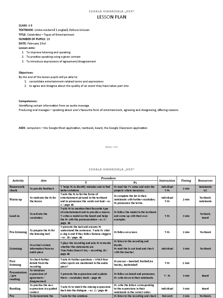 Model - Proiect de Lectie - Clasa A VI A | PDF | Learning | Cognition