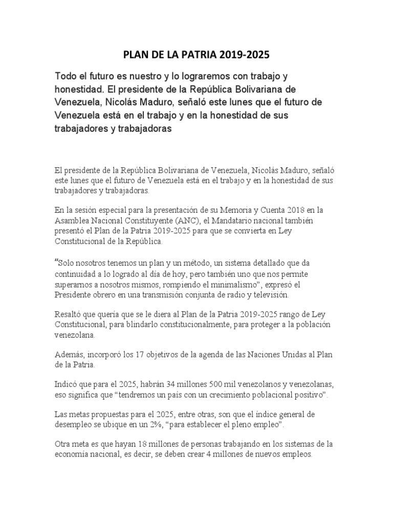 14 OCTUBRE Plan de La Patria 2019 | PDF | Venezuela | Nicolás Maduro