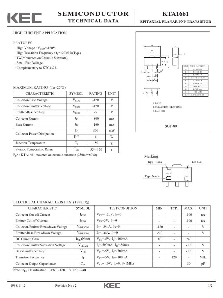 Kta1661 Kec | PDF | Bipolar Junction Transistor | Electrical Engineering