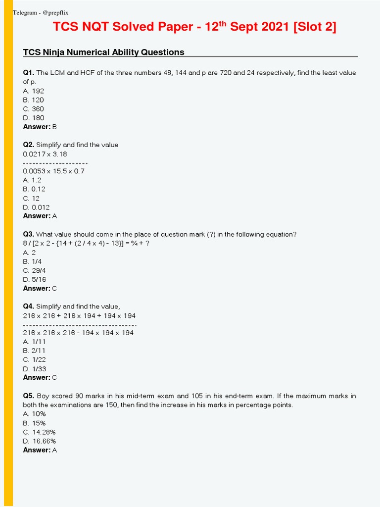 TCS NQT Solved Paper - 12 Sept 2021 (Slot 2) : TCS Ninja Numerical Ability Questions | PDF ...