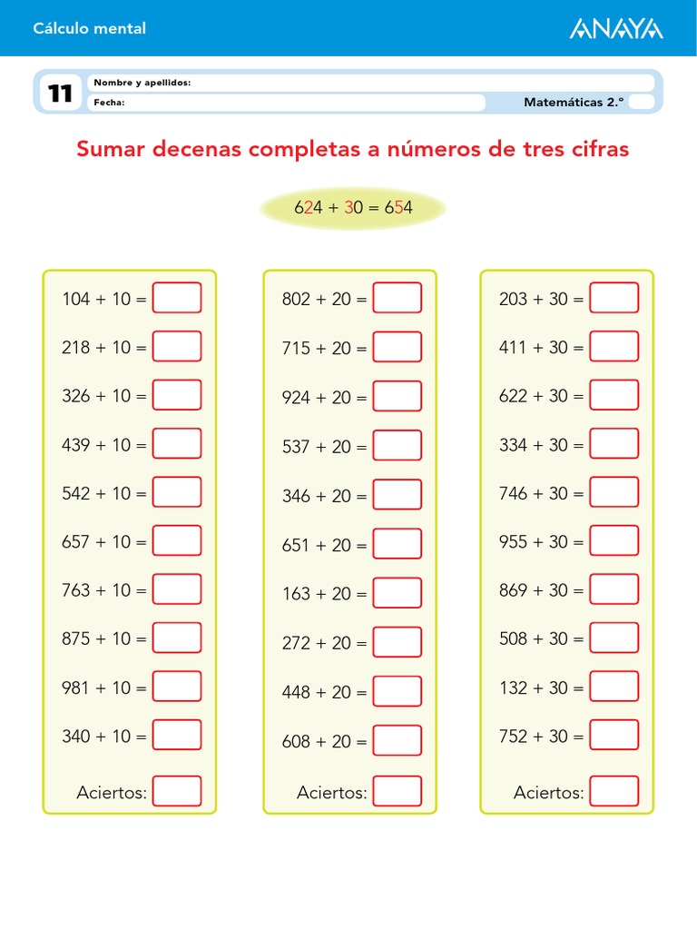 Sumar Decenas Completas A Números de Tres Cifras: Cálculo Mental | PDF