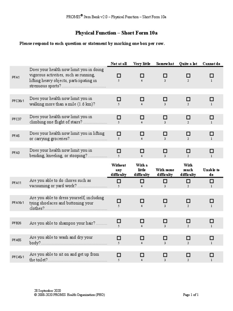 Physical Function - Short Form 10a: Please Respond To Each Question or ...