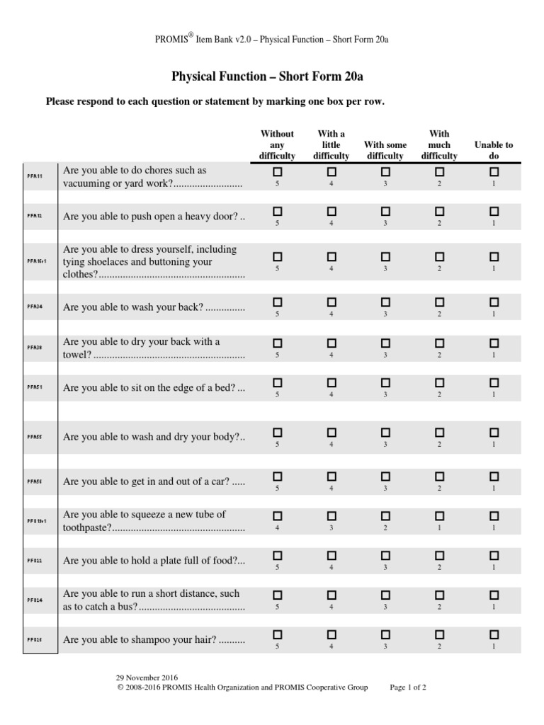 Physical Function - Short Form 20a: Please Respond To Each Question or ...