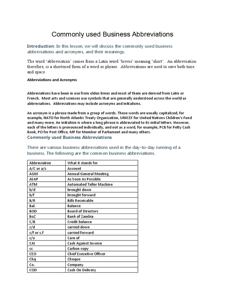 Commonly Used Business Abbreviations | PDF | Acronym | Economies