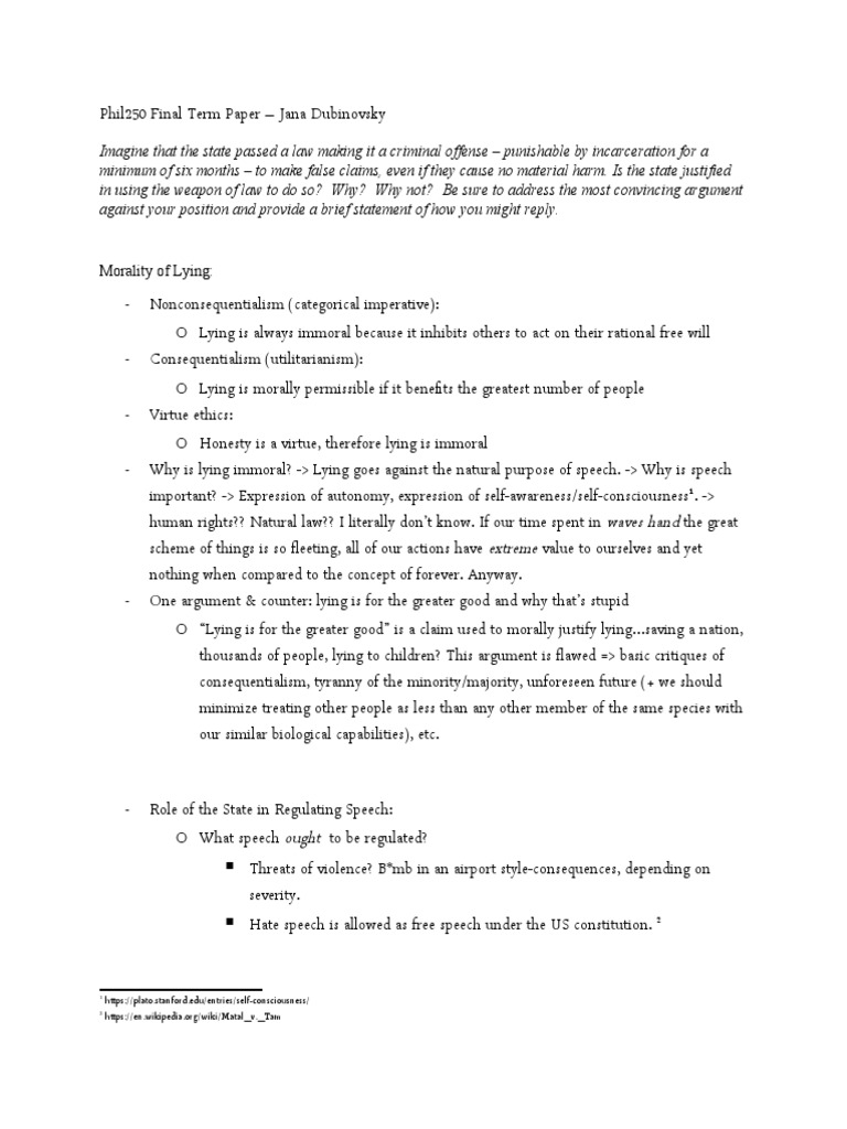 Phil250 Term Paper Outline | PDF | Utilitarianism | Ethical Theories