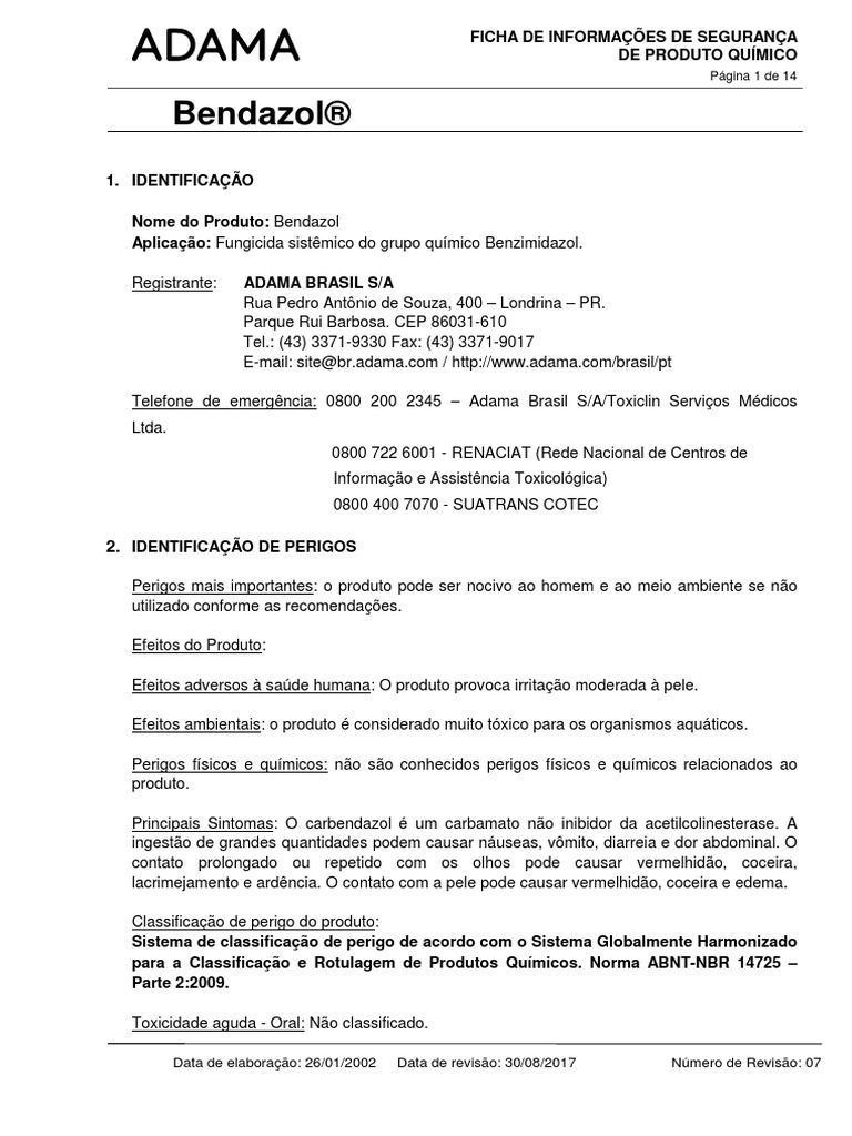 Bendazol Carbendazin - FISPQ | PDF | Embalagem e rotulagem | Solvente