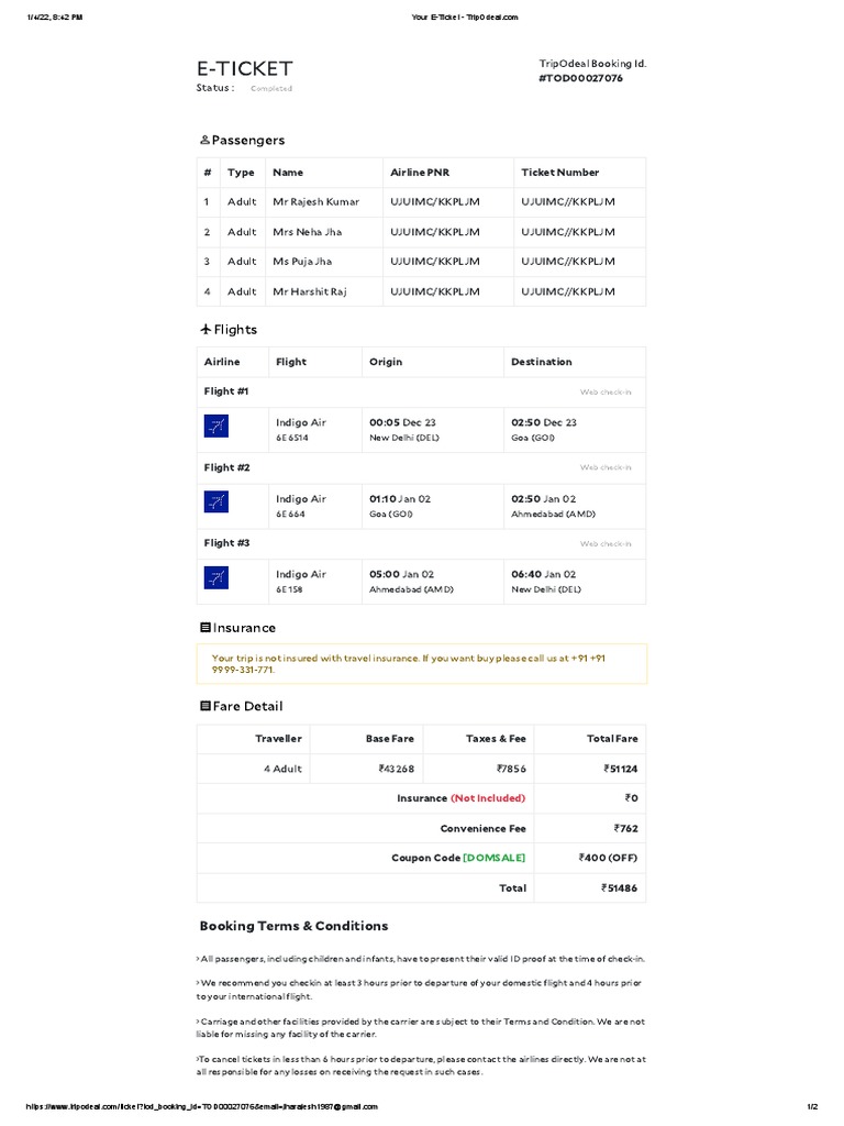 Family Trip from New Delhi to Goa and Back: E-Ticket Confirmation for 4 ...