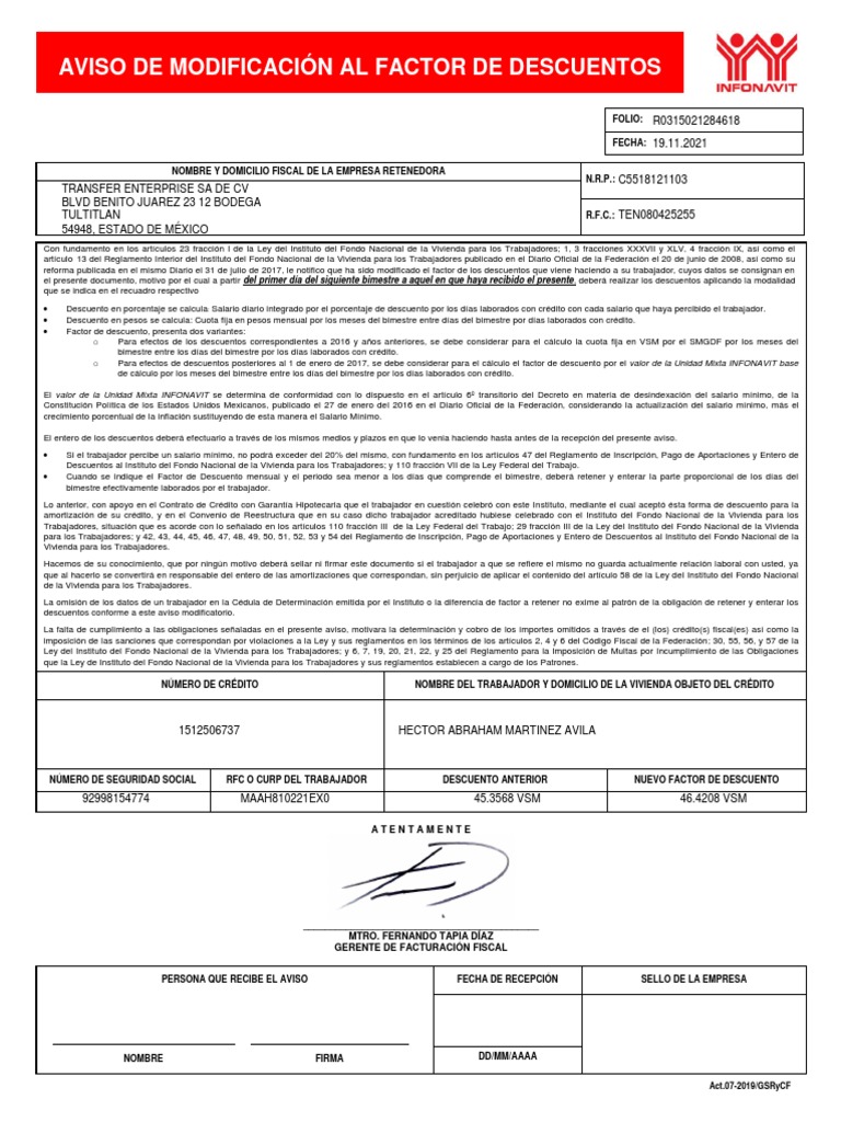 Aviso de Modificación Al Factor de Descuentos: Atentamente | PDF ...