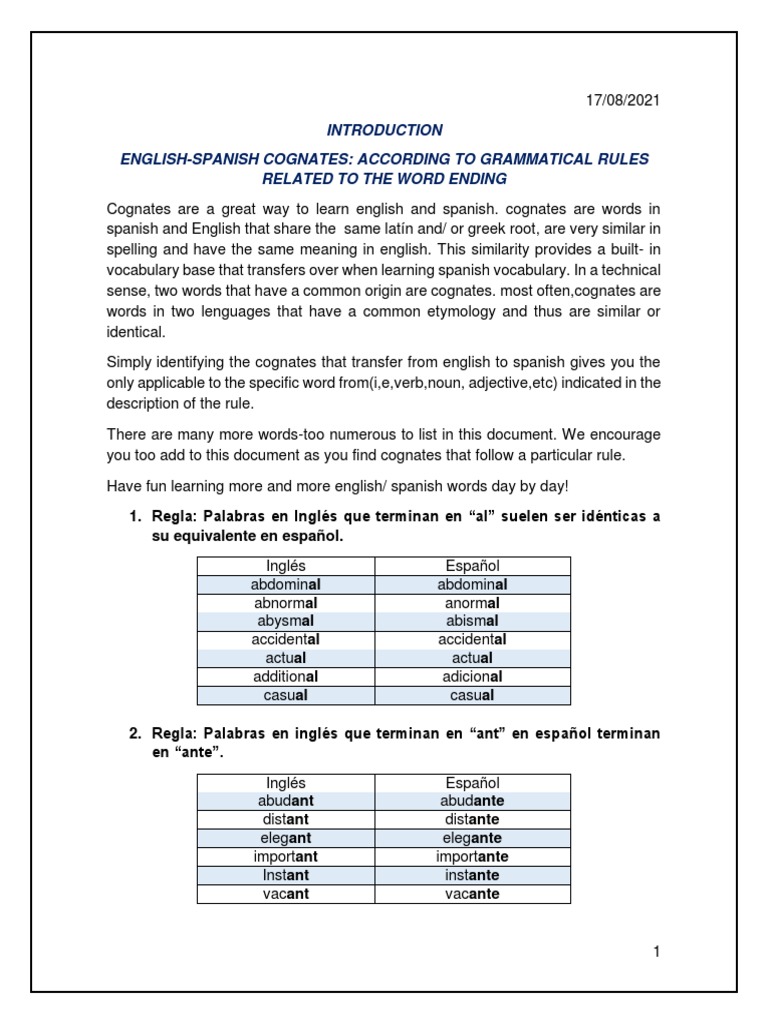 Cognados en Inglés y Español: Reglas Gramaticales | PDF | Lingüística