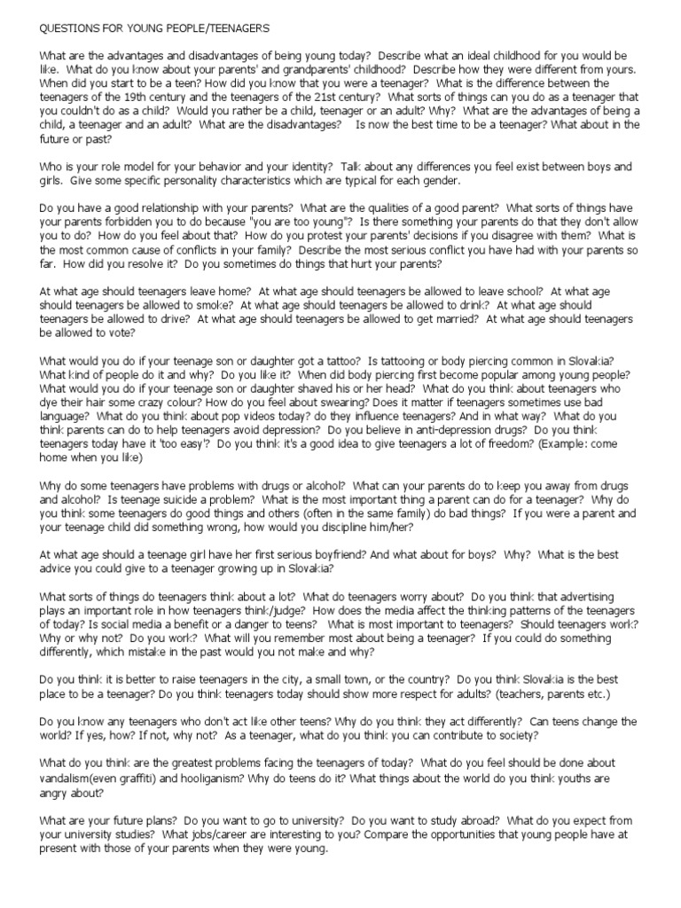 Questions For Young People | PDF | Adolescence | Relationships