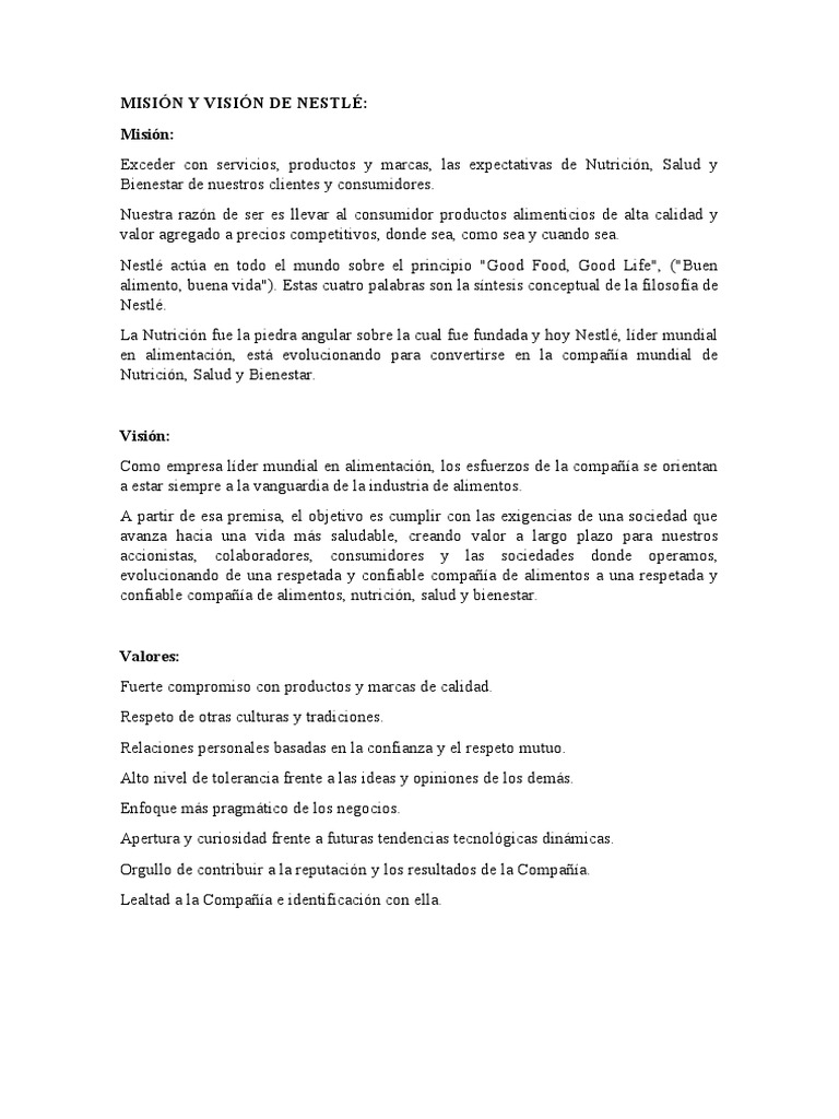 Misión y Visión de Nestlé | PDF