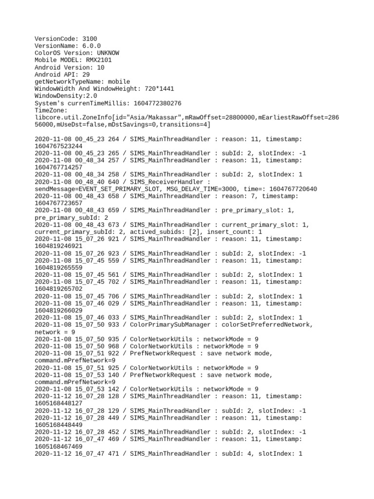 Log of SIM Card Slot Changes and Network Mode Settings on a ColorOS ...