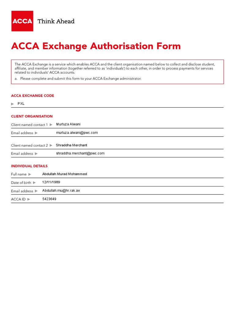 Exchange Authorisation Form - Abdullah-5423649 | PDF | Information ...