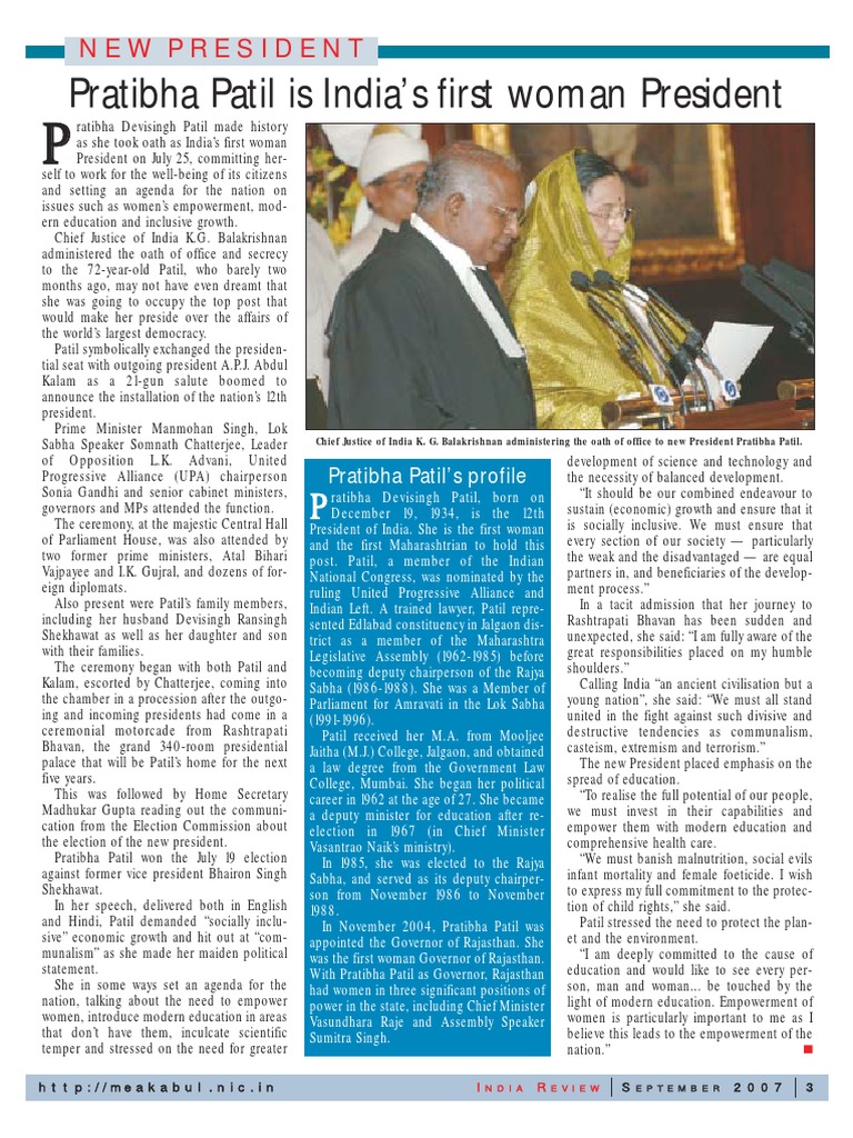 Pratibha Patil Is India's First Woman President | Download Free PDF | Politics Of India ...