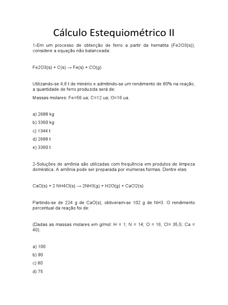 Cálculo Estequiométrico II | PDF | Oxigênio | Titânio